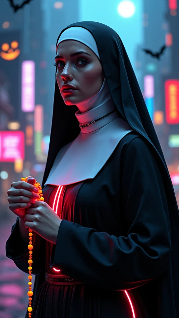 Imagine a stunning portrait of a futuristic nun, bathed in the neon ...