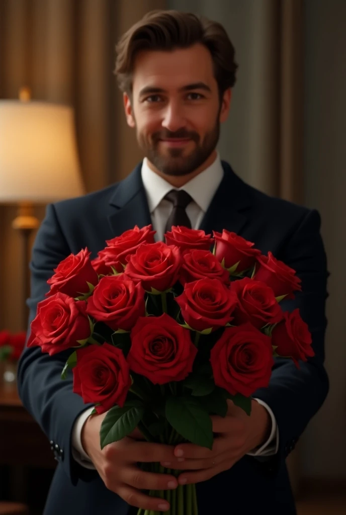 Man holding a bouquet of roses for her birthday - SeaArt AI