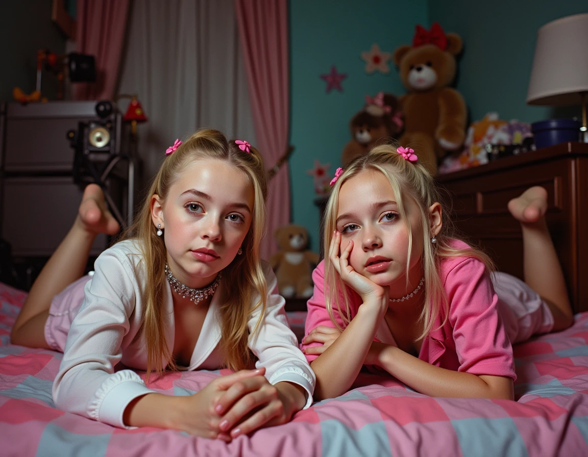 Jojo siwa and jojo siwa side by side, tired, in her room, one laying on ...