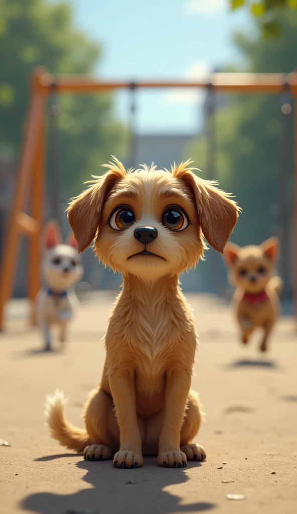 A timid, small dog named Benny stands alone on a school playground ...