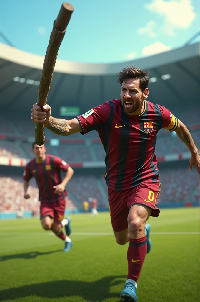 Messi Chasing Ronaldo with a stick in his hands. Looking very angry ...