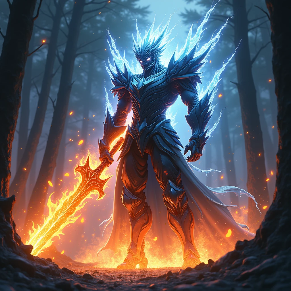 "An anime-style character embodying chaotic fusion of fire, ice - SeaArt AI