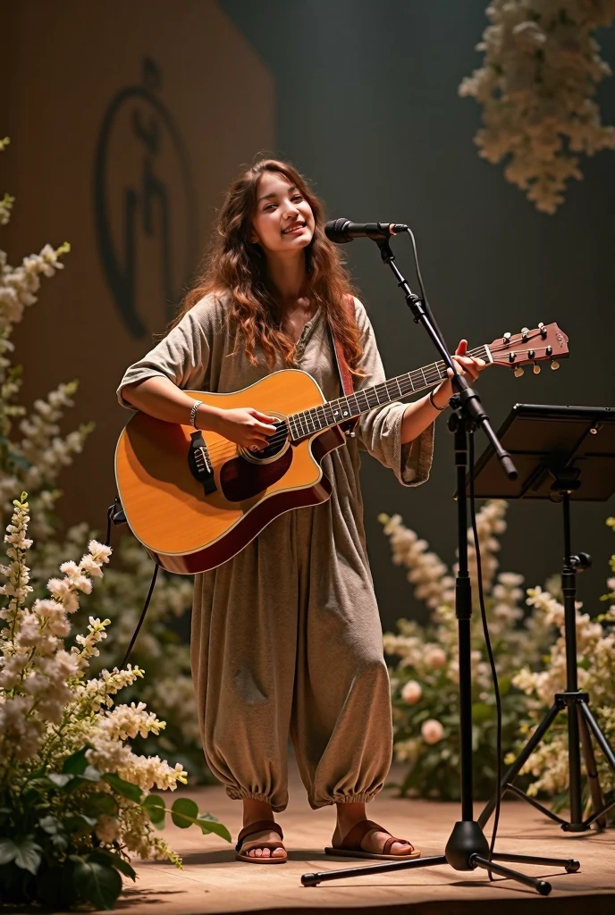 "A female musician is sitting on a decorated stage, smiling while ...