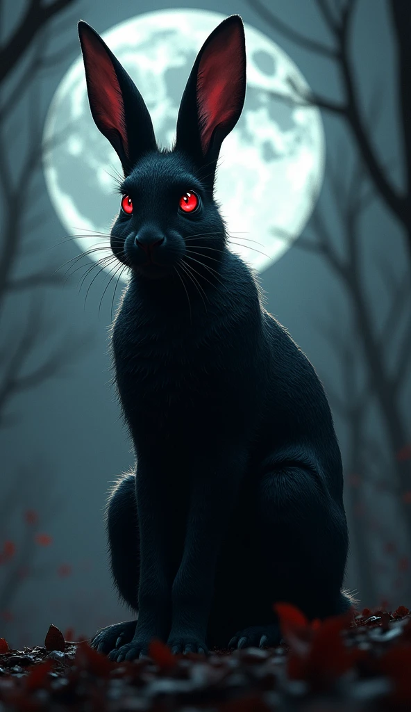 Has red eyes Black fur Rabbit sideways full moon - SeaArt AI