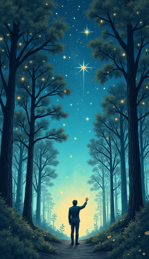 OLD ILLUSTRATED DRAWING OF A LEAFY STARRY BLUE FOREST, WHILE A SINGLE ...