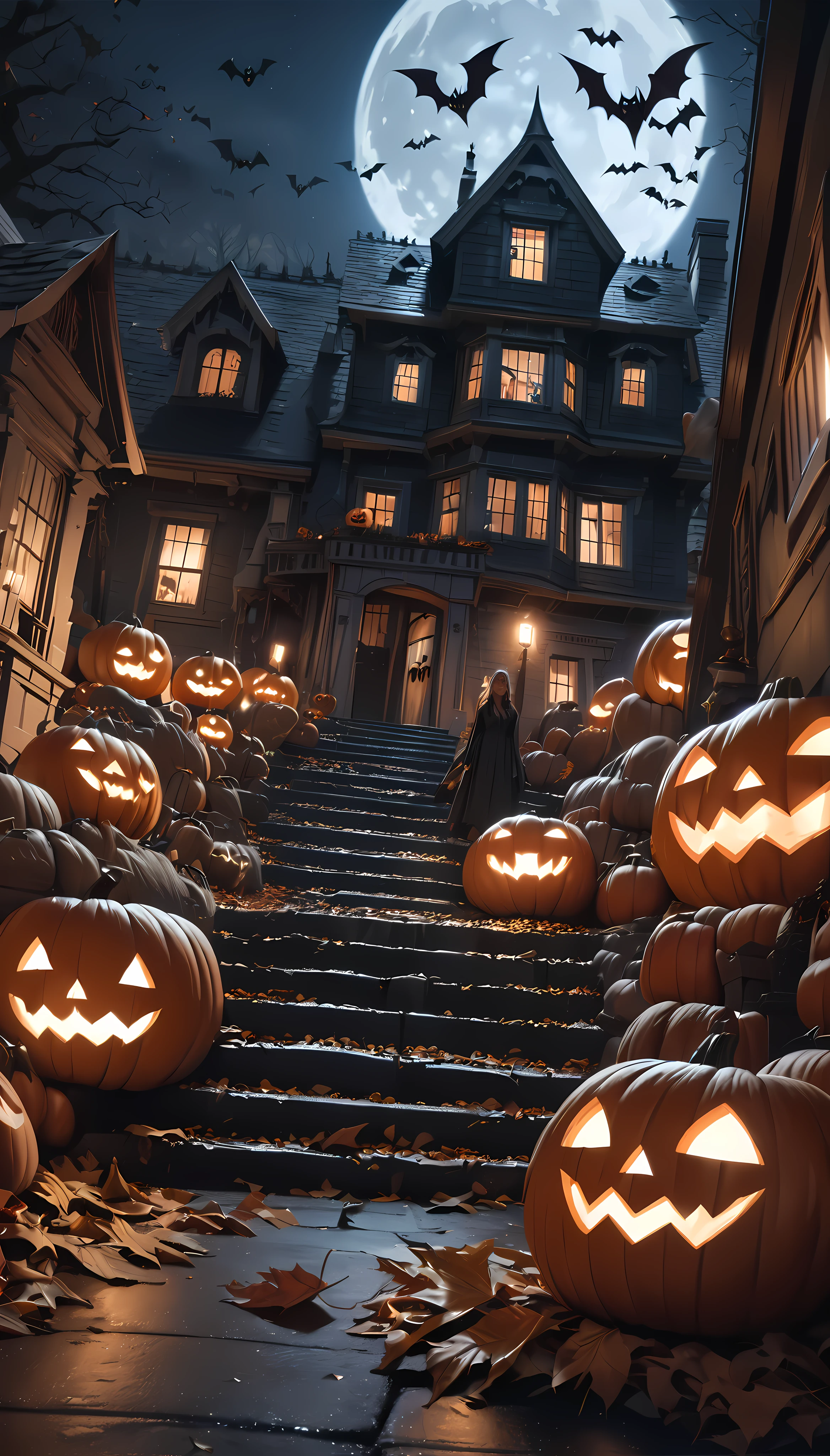 A creepy haunted house in the moonlight, ghostly figures floating in ...