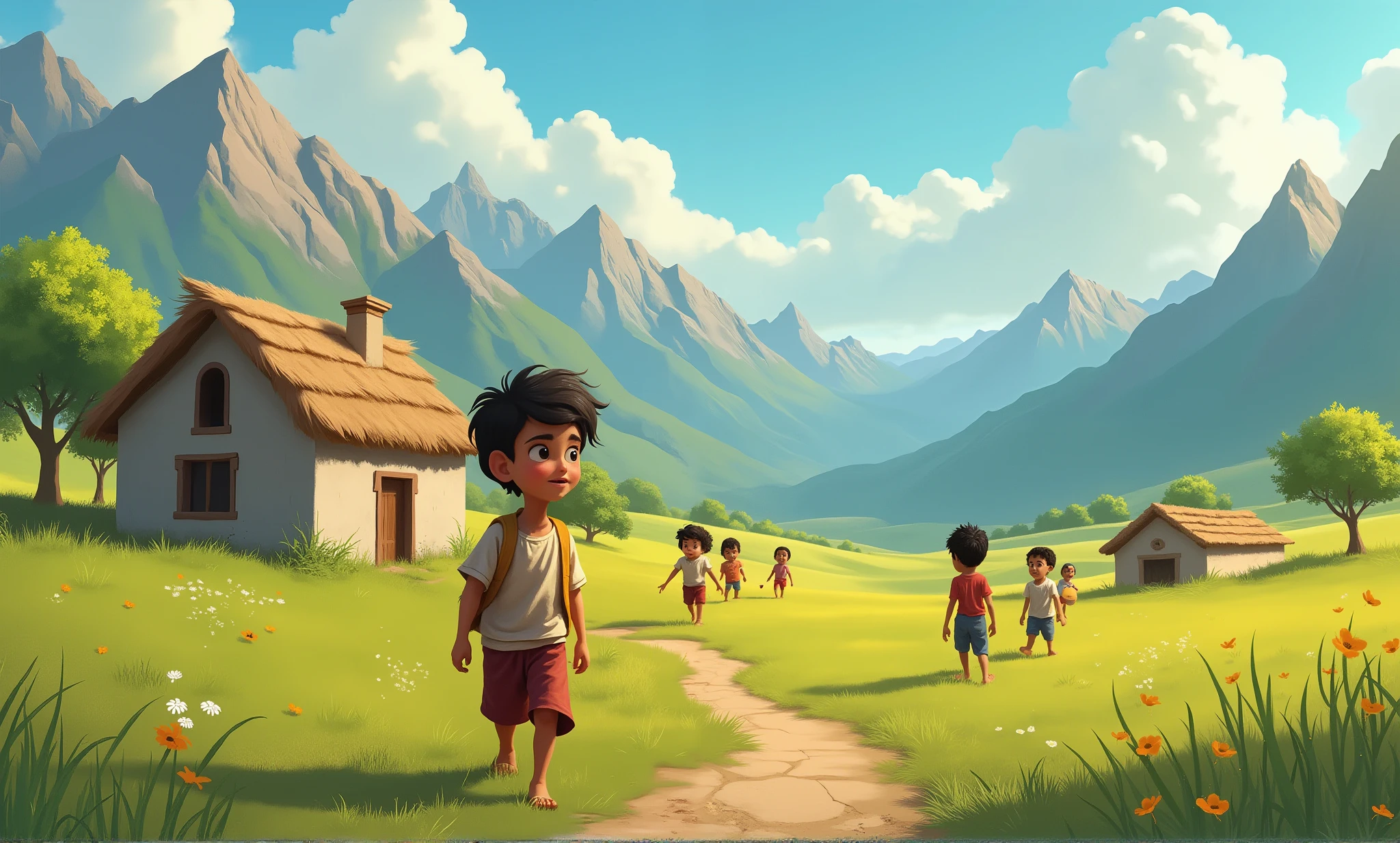 A small, peaceful village surrounded by mountains. Children playing in ...