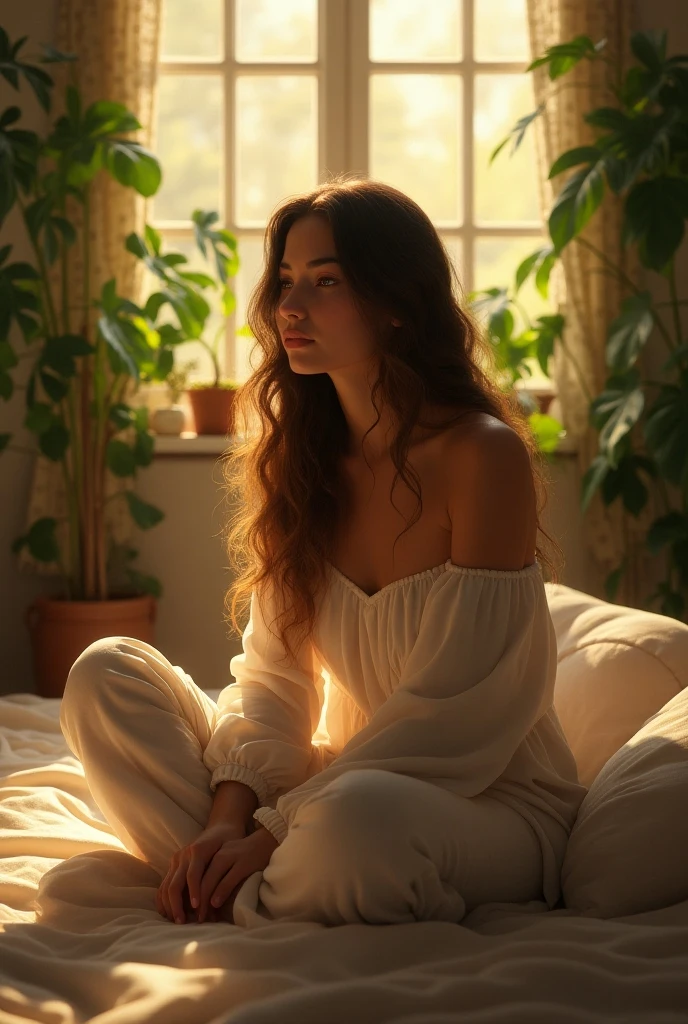 (photorealism:1.2), beautiful woman, sitting on bed, wearing loose off ...