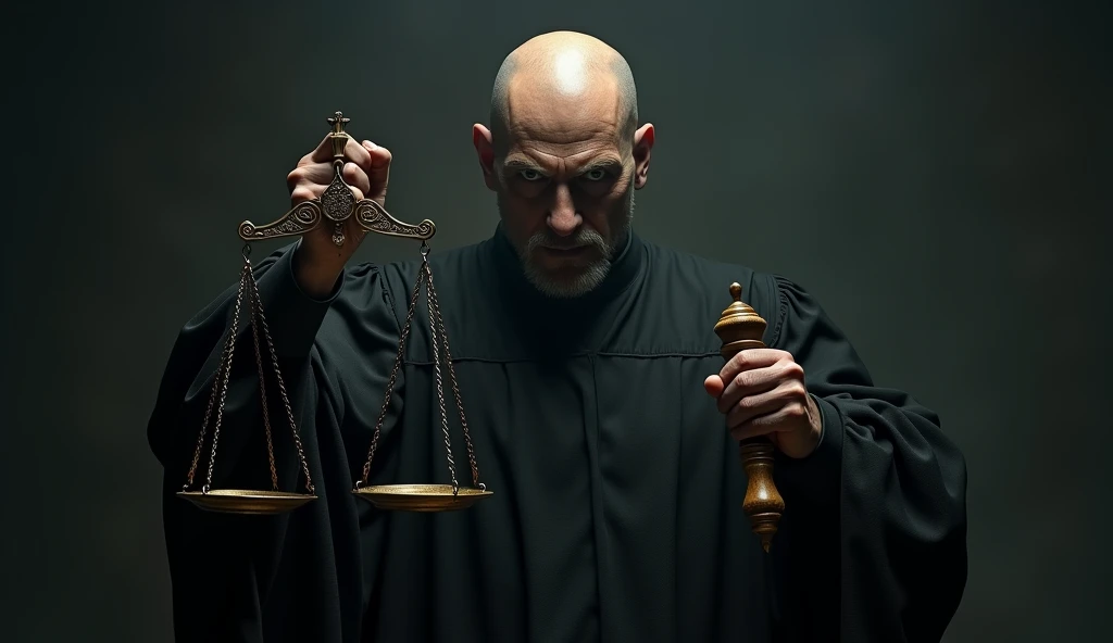 Bald judge , with a shaded face , dark and dreaded , holding a symbol ...