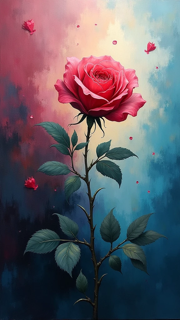 Expressive acrylic painting depicting a rose emerging from dreamlike ...