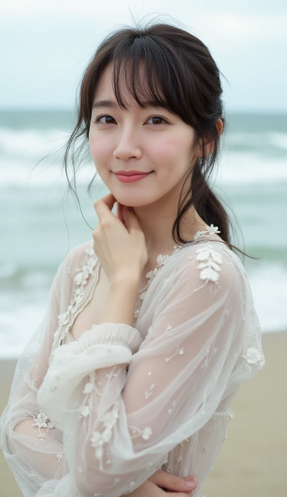 Photography of a fit Korean woman, dressed in white blouse, intricate ...