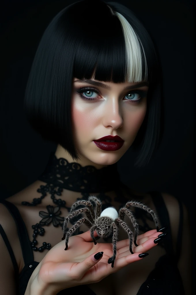 beautiful woman, angled black bob with white strands around her face ...