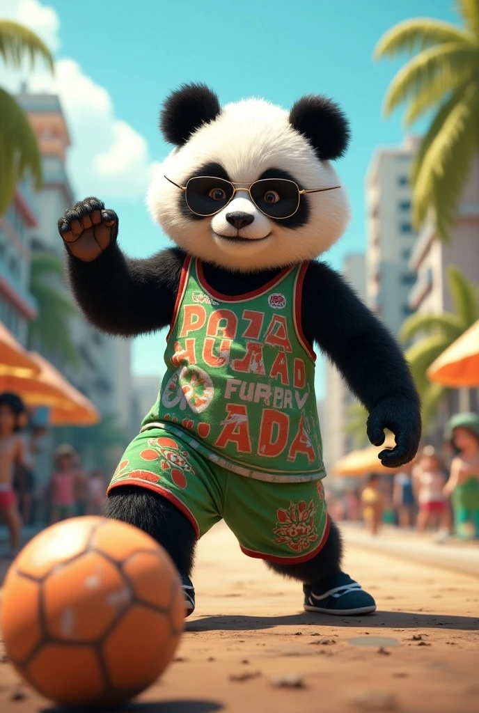 A stylish panda from Rio de Janeiro, wearing a tank top , soccer ball ...