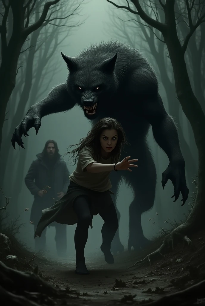 Werewolf having runing with a young woman , one man are looking - SeaArt AI