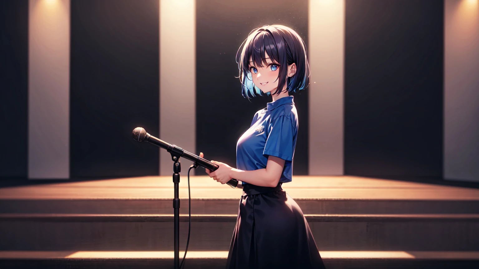 "Behind the stage, a performer is holding a microphone, preparing for a ...