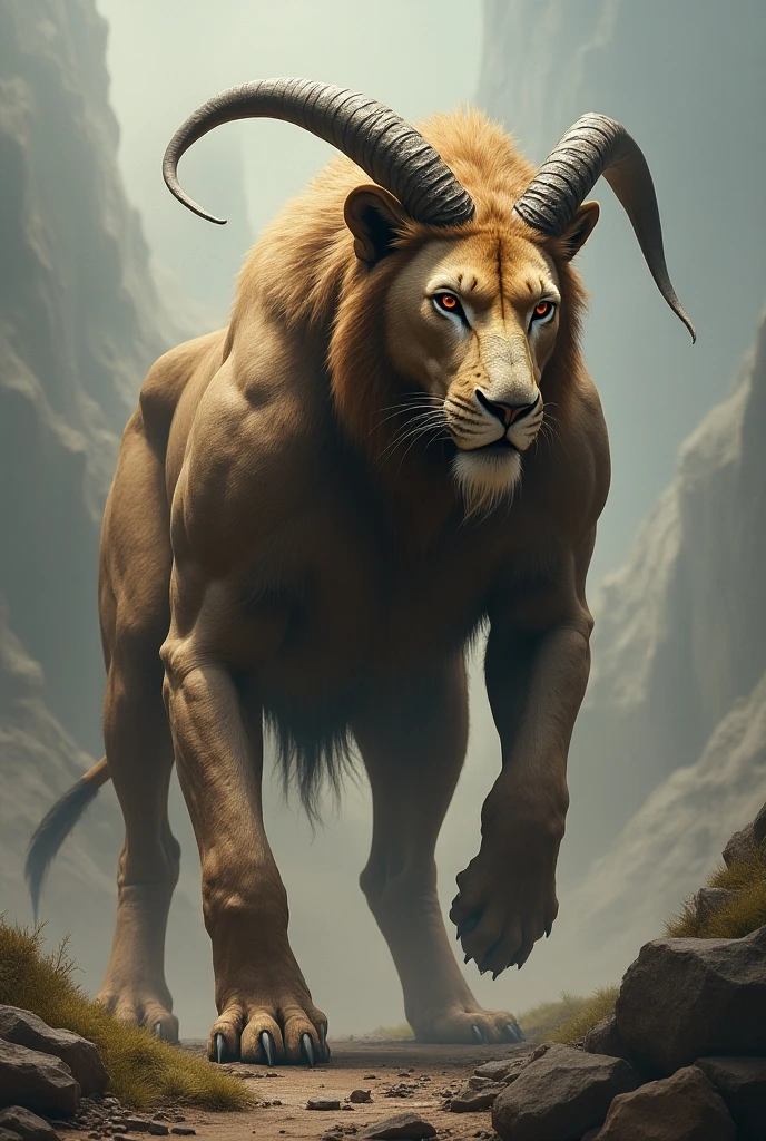 (( Lion with a goat)),((fusion)) ((Muscular)) ( 4-legged animal shape ...