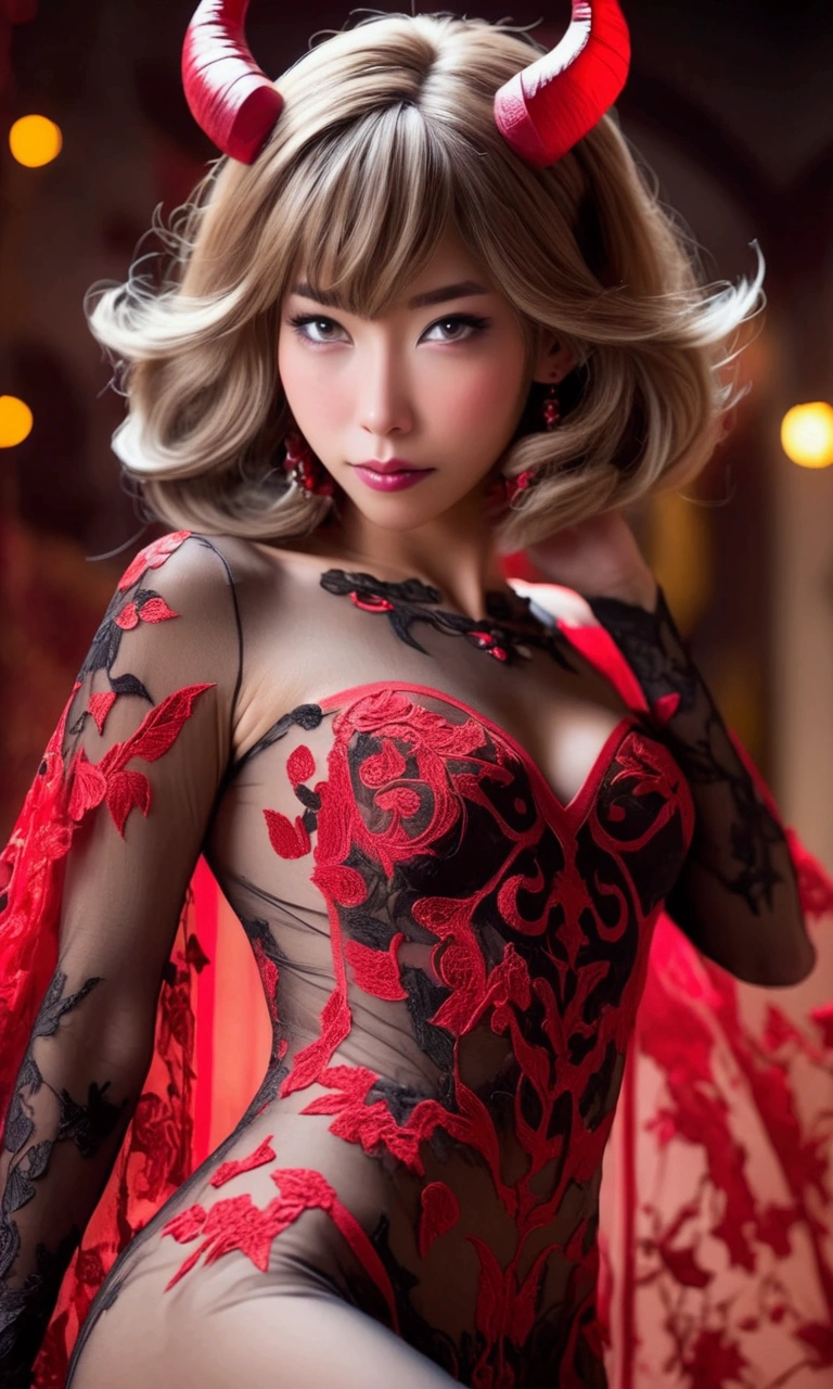 Sexy succubus (cute yuna, age 25, devil themed sheer gown intricate embroidery - SeaArt AI