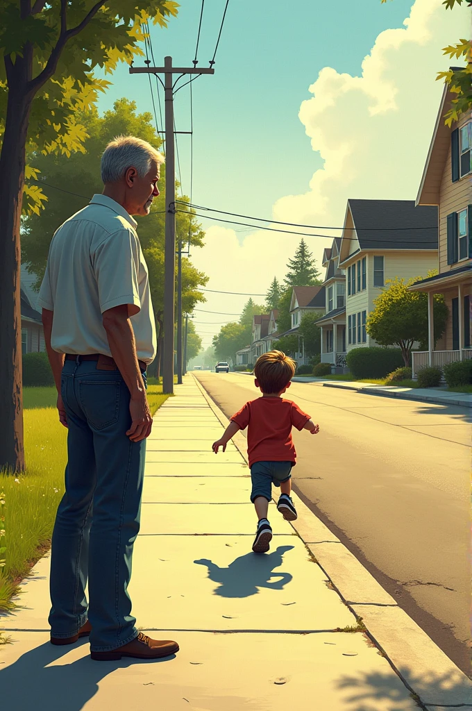 The father goes to the corner and sees the boy running down the ...