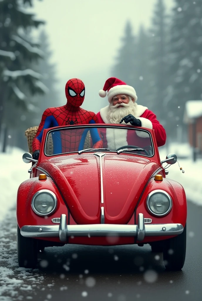 Spider-Man and Santa Claus together in a red convertible beetle real ...
