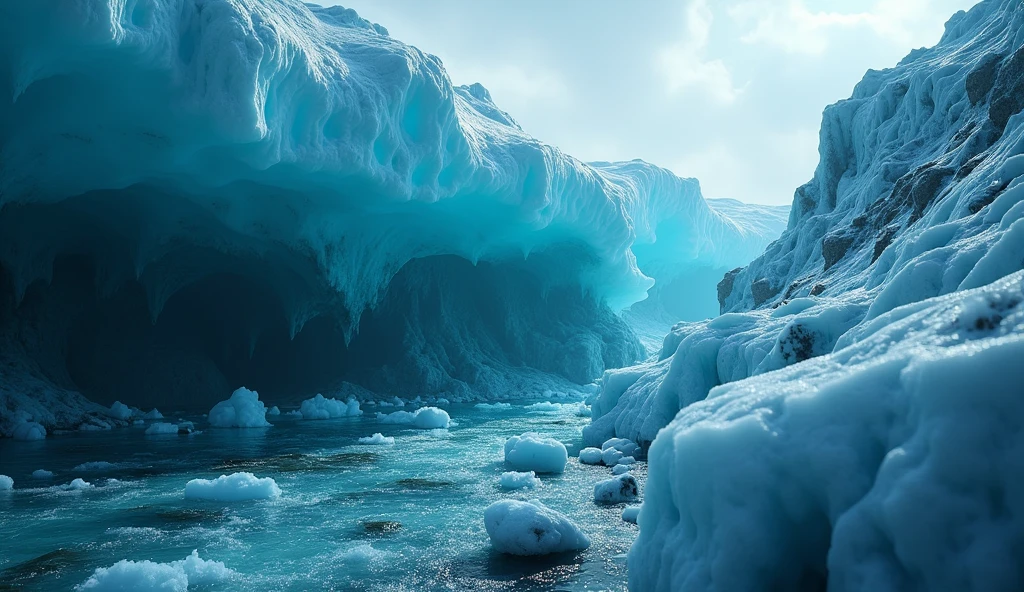 Prompt: "A detailed, ultra-high-definition shot of thick, ancient ice ...