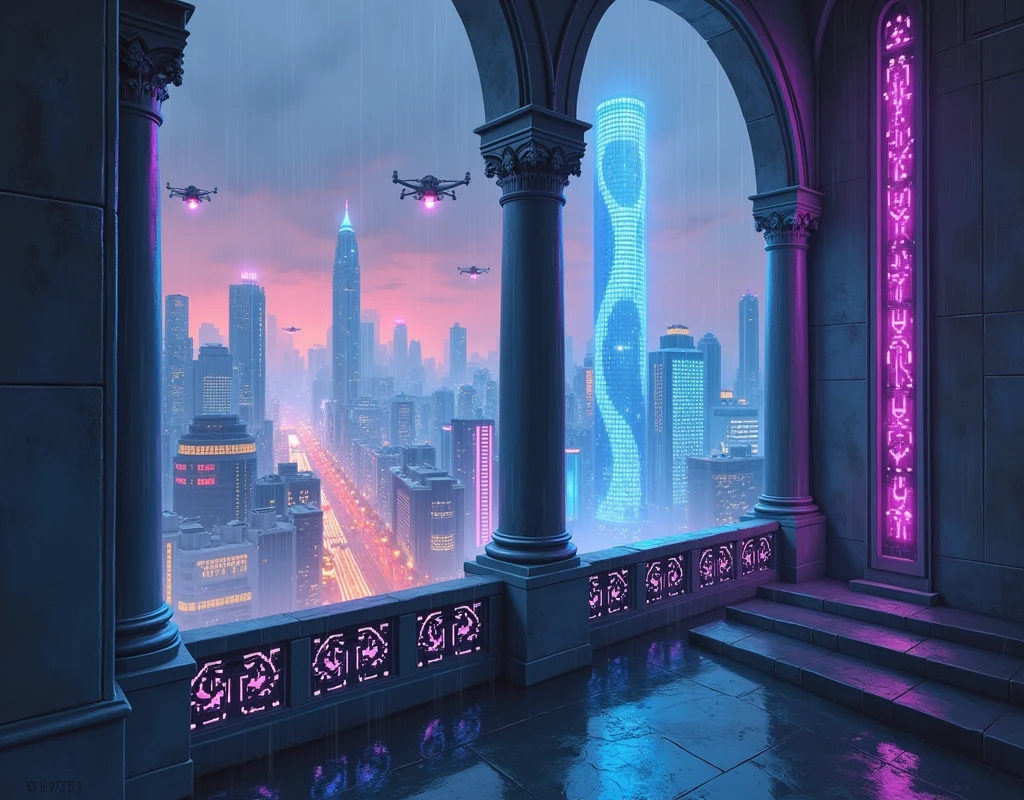 (Oil painting style), pixel art, Cyberpunk style. A view from a balcony ...