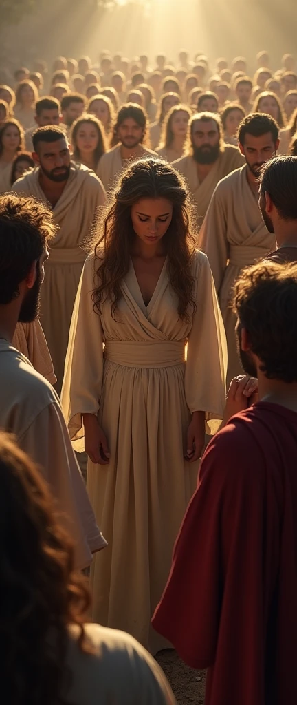 A crowd gathers around a woman, whose head is bowed in shame - SeaArt AI