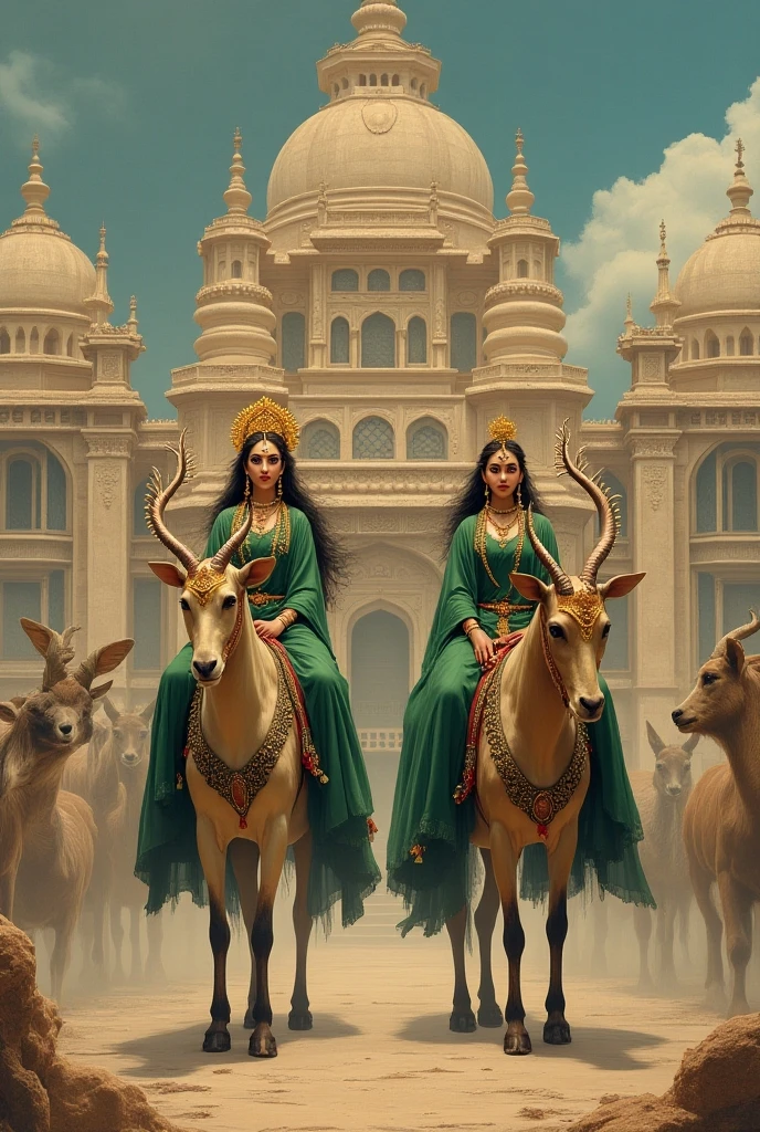 The 2 goddesses ride majestically on goats and deer flanked by birajas ...
