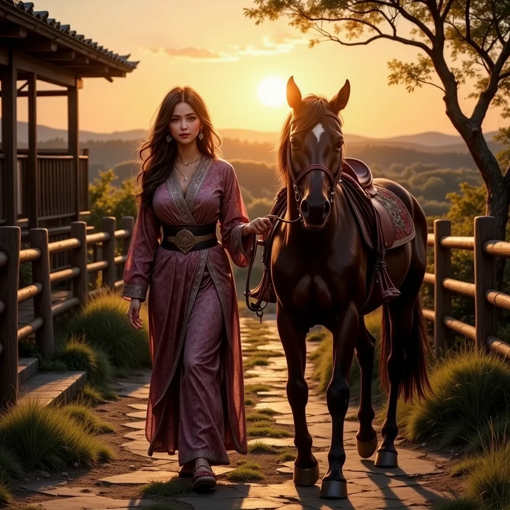 woman walking with her beloved horse holding the reins、A horse that ...