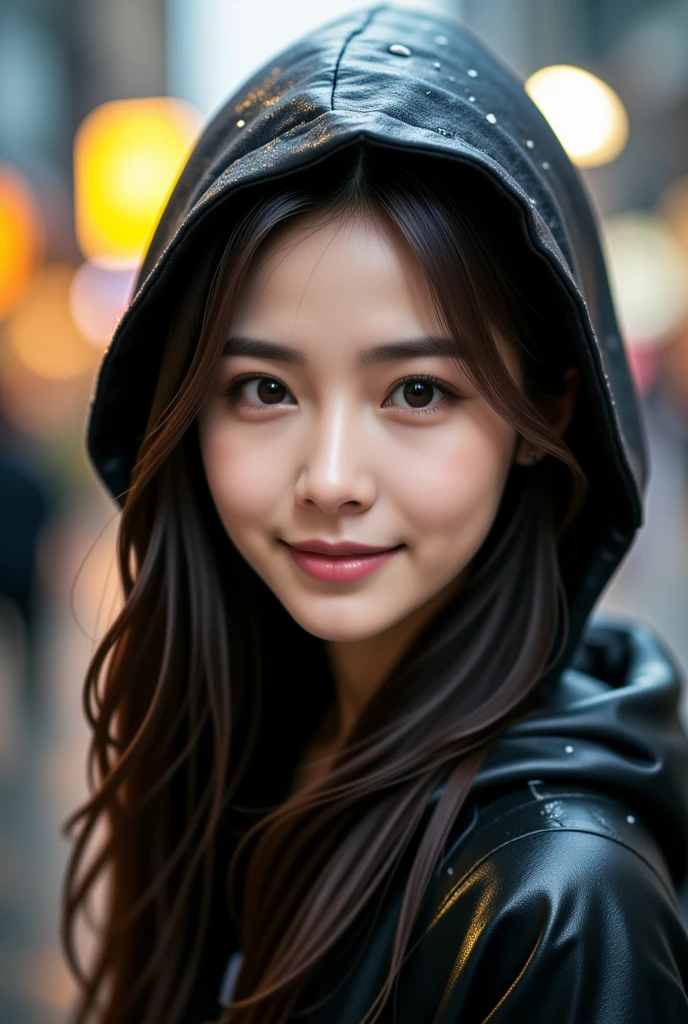 A portrait of a beautiful asian girl, hood, rain , Kodak film - SeaArt AI