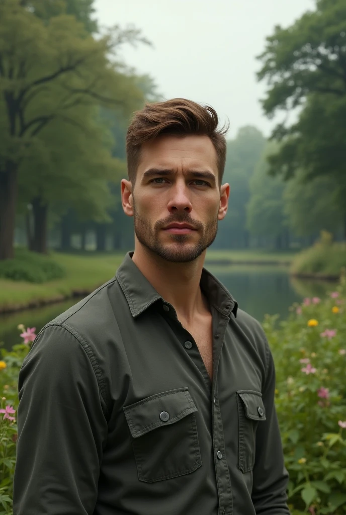 Super realistic picture of British feature man 30 years old in a park ...