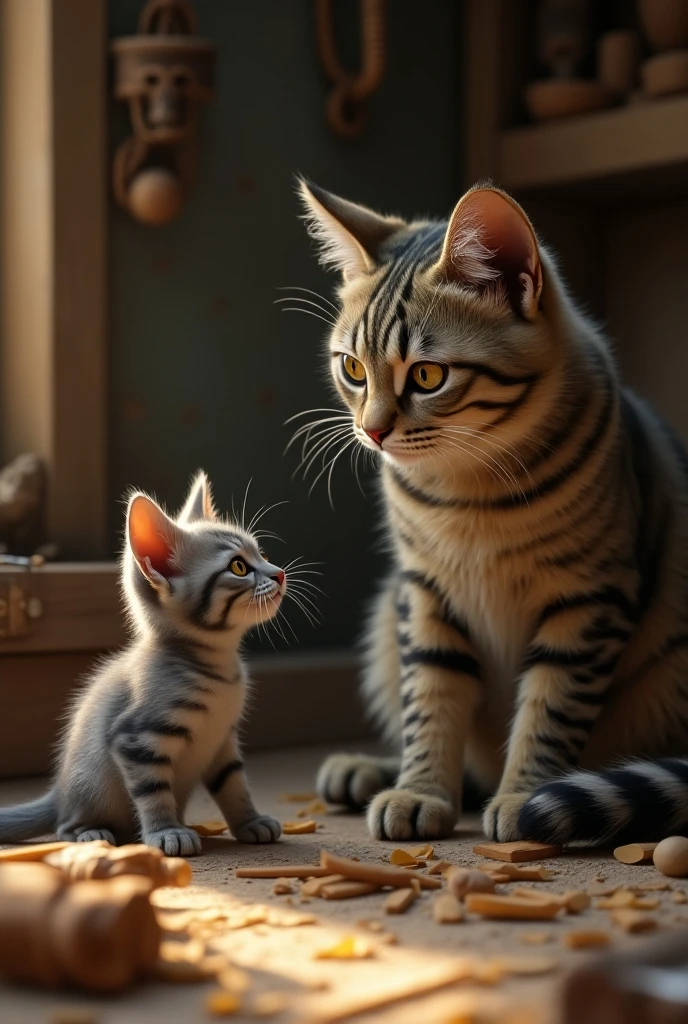 How did grey kitten Mithu meet the old carpenter cat, Kadam? - SeaArt AI