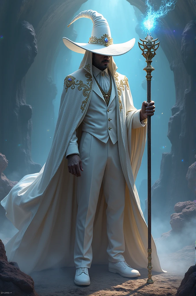 Create a wizard in a white suit with a cape, hat and staff - SeaArt AI