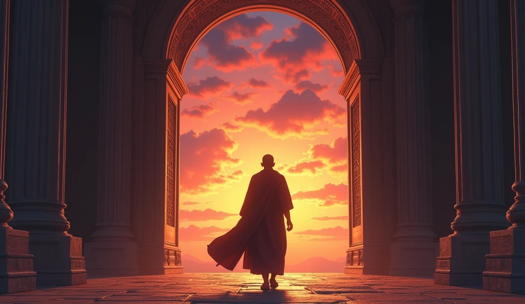 "Monk walking through temple archway at sunset, vibrant skies - SeaArt AI