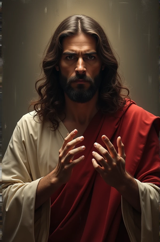 Image of Jesus Christ looking forward , with brows closed and pointing ...