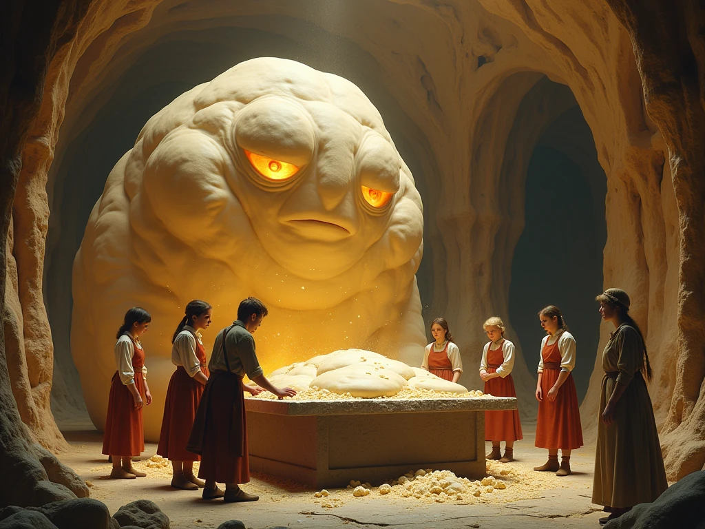 Inside a grand, dimly lit cavern with dough-like stalactites and golden ...