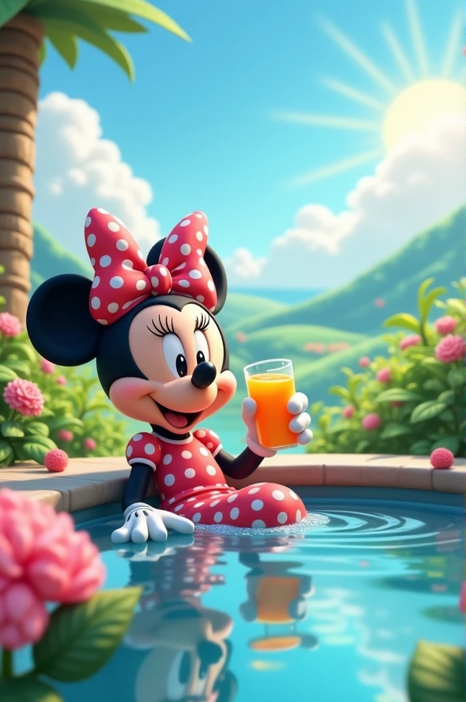 Minnie in the pool drinking juice with sun and clouds beautiful ...