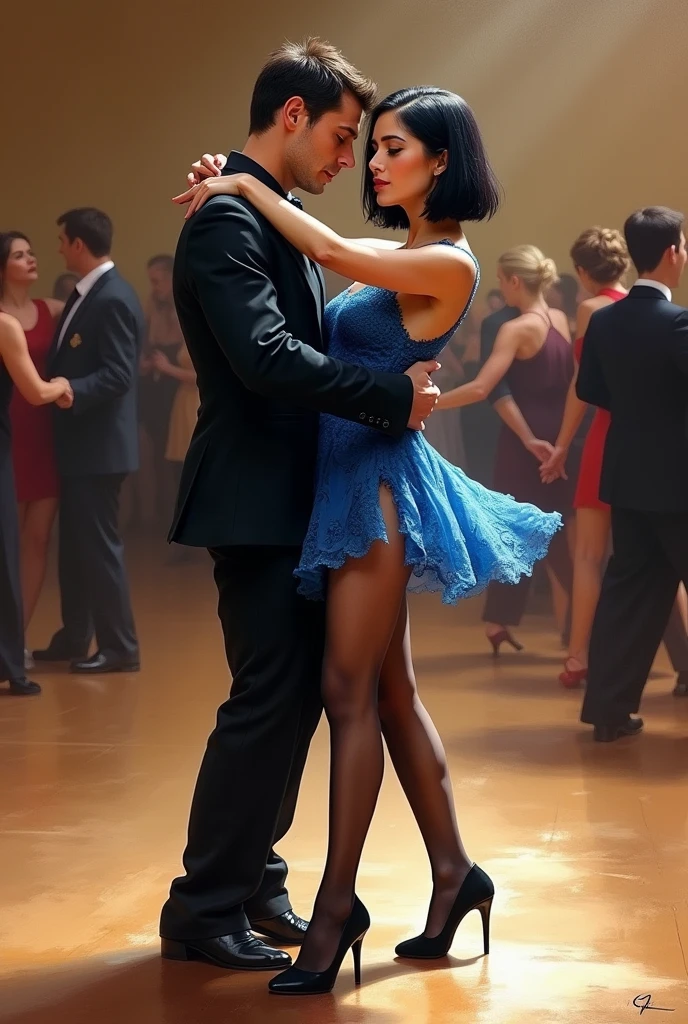 Dibuja una pintura al óleo fotorrealista , Donde la pareja baila tango ...