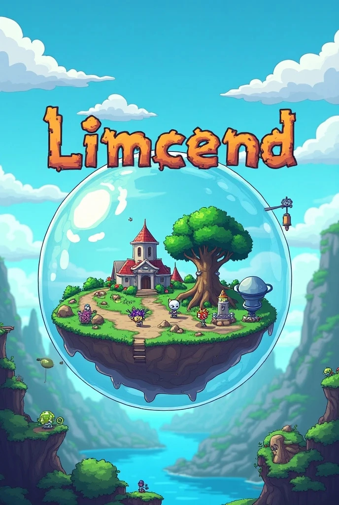 Make an island completely inside a terraria-themed pixel art bubble and ...