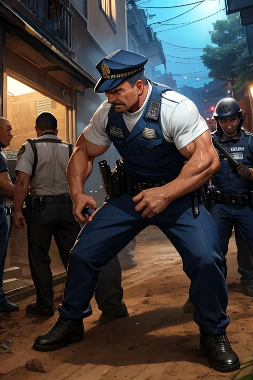 Garden、 dirty in dirt、night、 is sweating、3 men、Police Officer - SeaArt AI