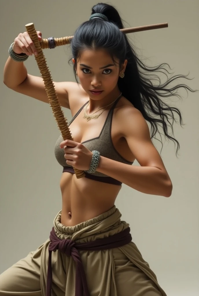Indian woman holding nunchucks, well defined body, trained in martial arts - SeaArt AI