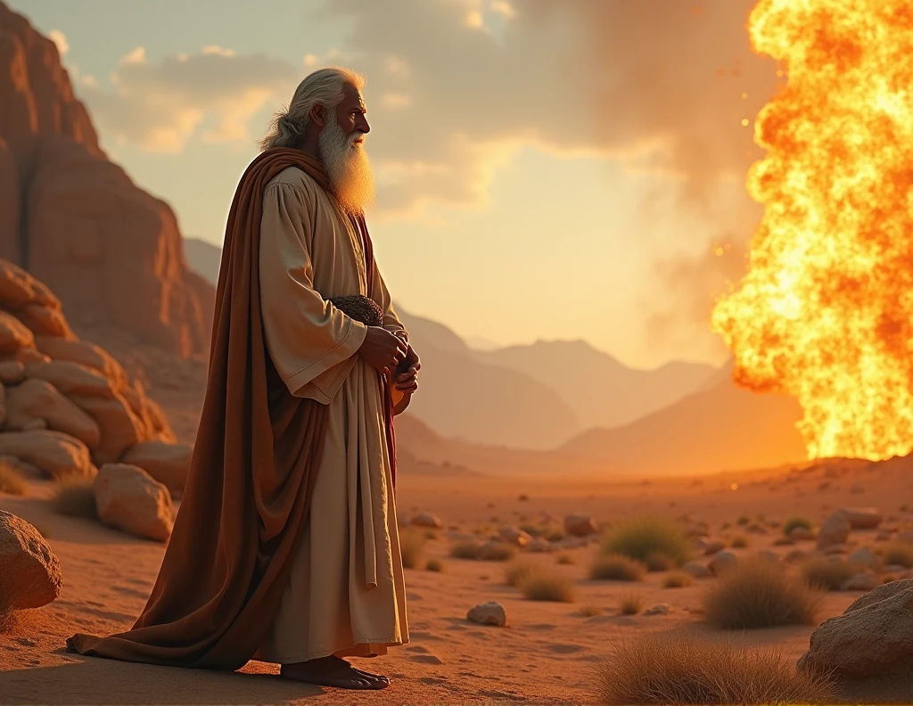 An ultra realistic image, Moses and the burning bush, 4k, camera 50mm ...