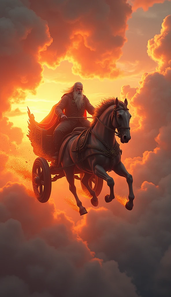 A 2 horse fire chariot, driven by an ancient man, amidst the clouds of ...