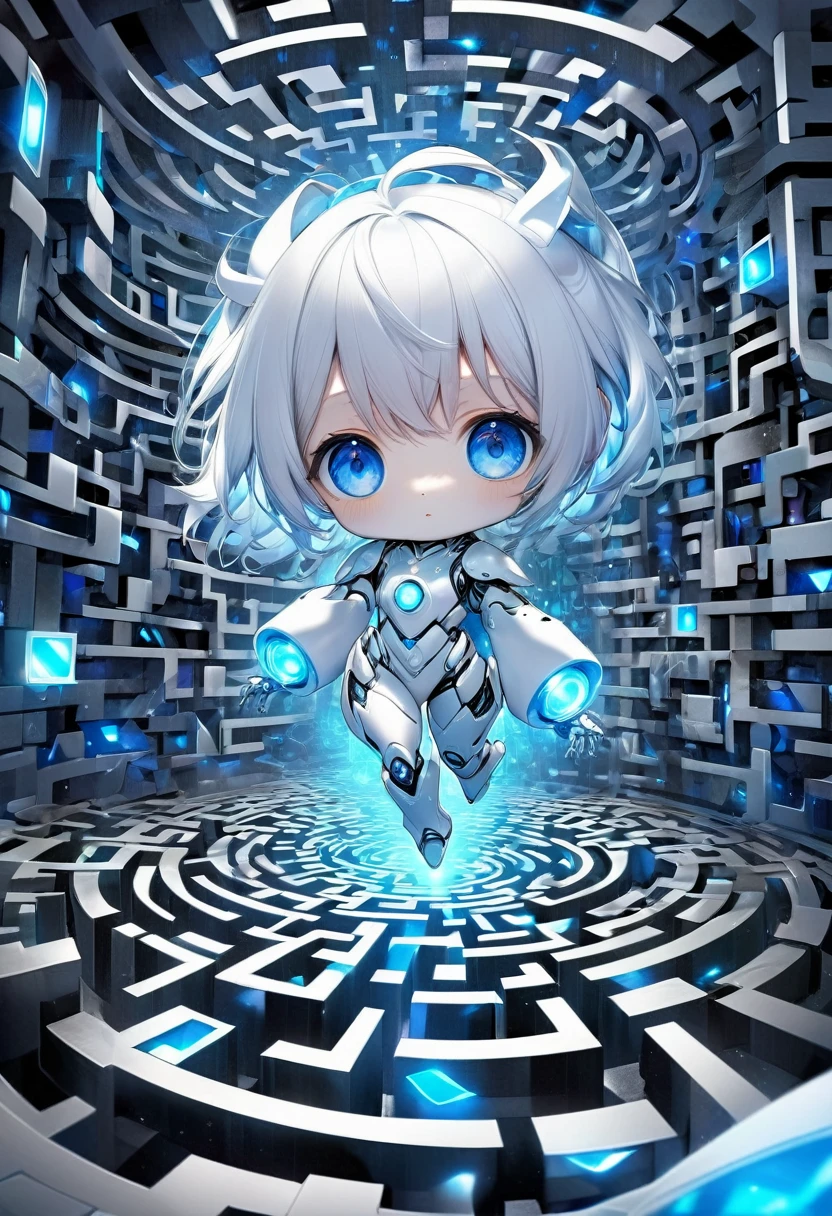 Chibi, robot, cute, super deformed, white body, glowing blue eyes ...