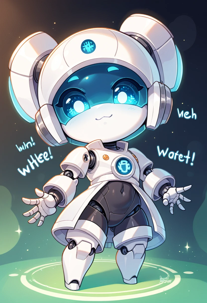 Chibi, robot, cute, super deformed, white body, glowing blue eyes ...