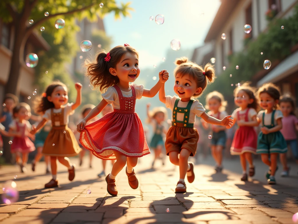 Lots of kids dancing polka and bubbles in the air - SeaArt AI