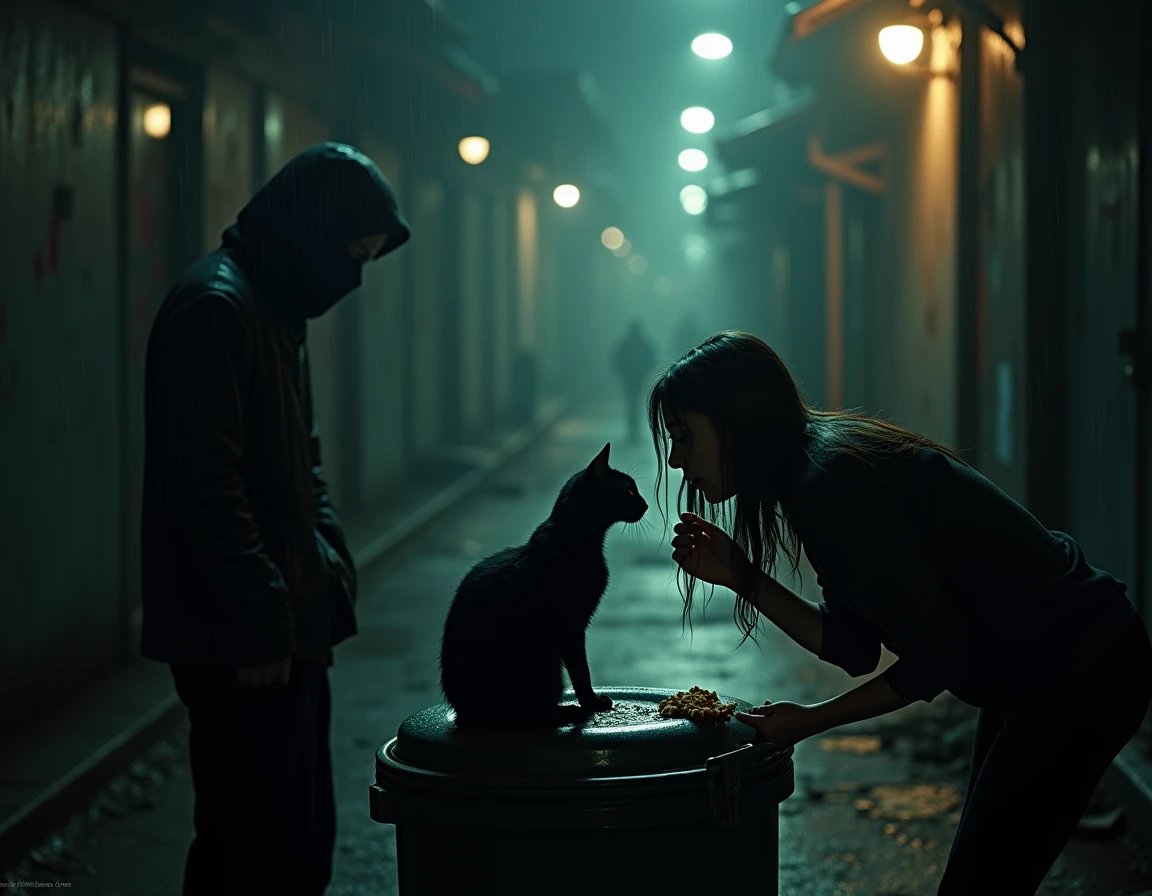 “A surreal, cinematic shot, Dimly lit, in a shady alley with a black ...