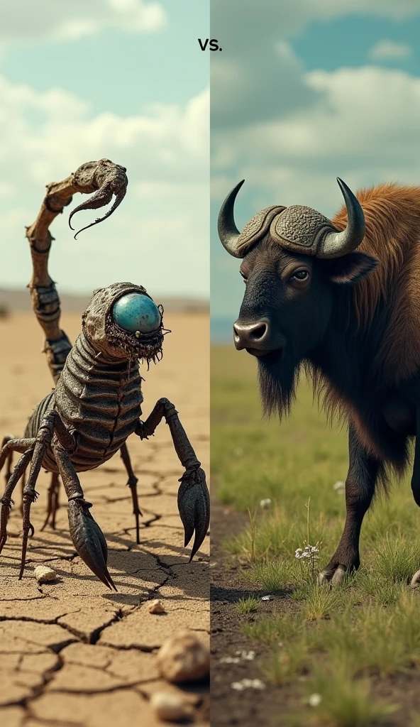 "Zombie scorpion with torn exoskeleton and faded blue eyes on the left ...