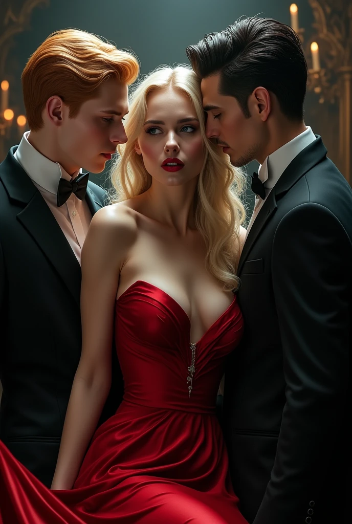 A beautiful blonde woman wearing a red dress with attractive and handsome vampir - SeaArt AI