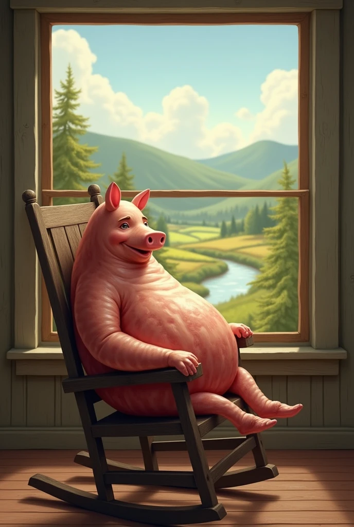 A ham in a rocking chair. In the background is a window through which ...