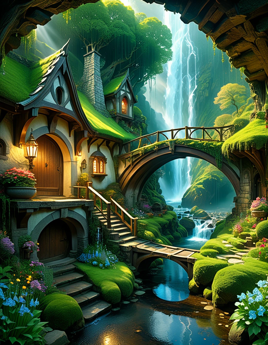 Wizard inside a medieval hobbit home, ornate, beautiful, atmosphere ...